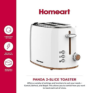 Homeart Panda 2-Slice Toaster with Wooden Detail - Stainless Steel With Removable Crumb Tray, Adjustable Browning Control With Multiple Settings to Cancel, Defrost and Bagel - 900W, White