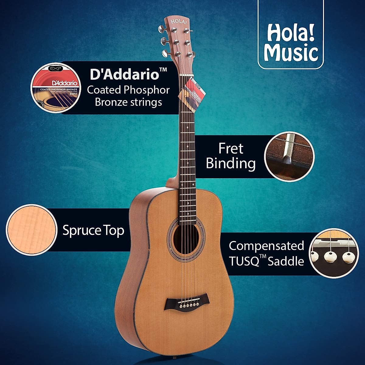 Hola! Music Acoustic Guitar Bundle for Beginners and Kids - 3/4 Size (36") Guitars - "Natural"