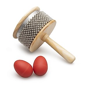 SPLENDIDMODE Cabasa Instrument – Professional Standard Size for Latin Afuche Hand Percussion Music - Metal Steel Bead Balls and Wooden Cylinder, Ideal for Adults or Kids – Complete with 2 Egg Shakers