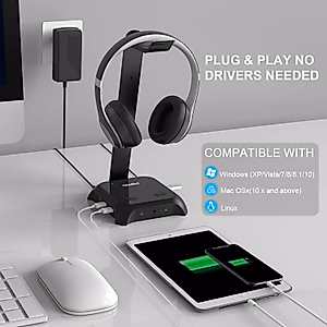atolla USB Hub, USB 3.0 Hub with Headphone Stand, Powered USB Hub with 3 USB 3.0 Ports and 3 USB Charging Ports, 3.5mm AUX Ports with On/Off Switches, and 12V/2.5A Power Adapter