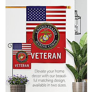 US Marine Corps Veteran Garden Flag - Set with Stand Armed Forces USMC Semper Fi United State American Military Retire Official - House Banner Small Yard Gift Double-Sided Made in USA 13 X 18.5