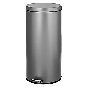 mDesign Tall 30 Liter / 7 Gallon Large Round Metal Lidded Step Trash Can, Thin Compact Garbage Bin with Removable Liner Bucket for Bathroom, Kitchen, Craft Room, Office, Garage - Graphite Gray