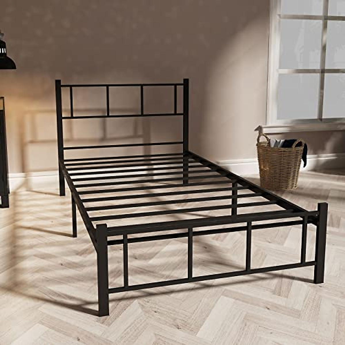 Twin Bed Frame with Headboard Metal Platform Bed 11inch Mattress Foundation with Storage No Box Spring Needed Easy Assembly,Black