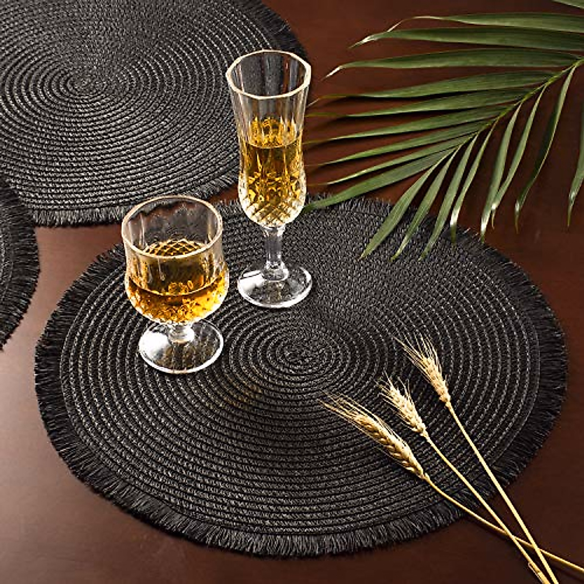 FunWheat Paper Round Braided Placemats Set of 6 for Dining Tables 15 Inch Heat Resistant Table Mats Farmhouse Woven Fabric Natural Place mats for Decoration with Tassel(Black)