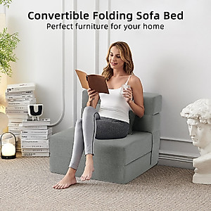 FILUXE Convertible Folding Sofa Bed - Sleeper Chair with Pillow, Modern Linen Fabric Floor & Futon Couch, Foldable Mattress for Living Room/Dorm/Guest Use/Home Office/Apartment, Single Size Light Gray