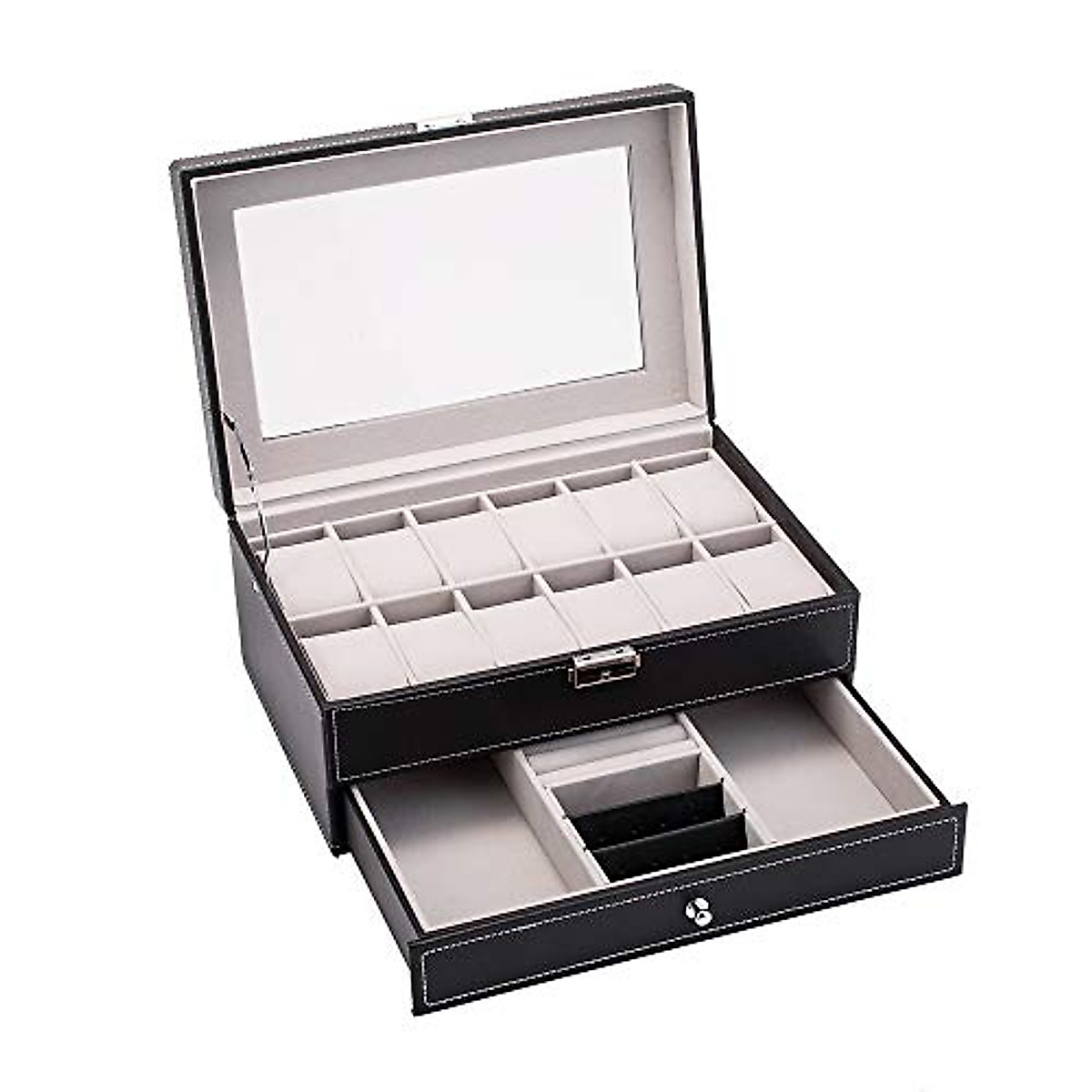 Knocbel 12 Slots Watch Box Organizer Jewelry Display Case with 1 Drawer, Metal Lock, Glass Top & Removable Velvet Pillows (Black Leather)