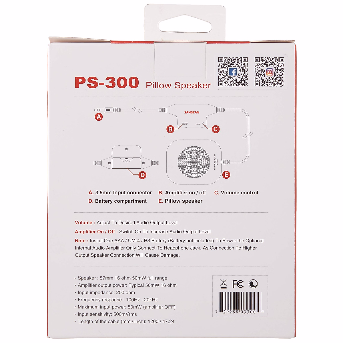 Sangean PS-300 Pillow Speaker with in-line Volume Control and Amplifier (White)