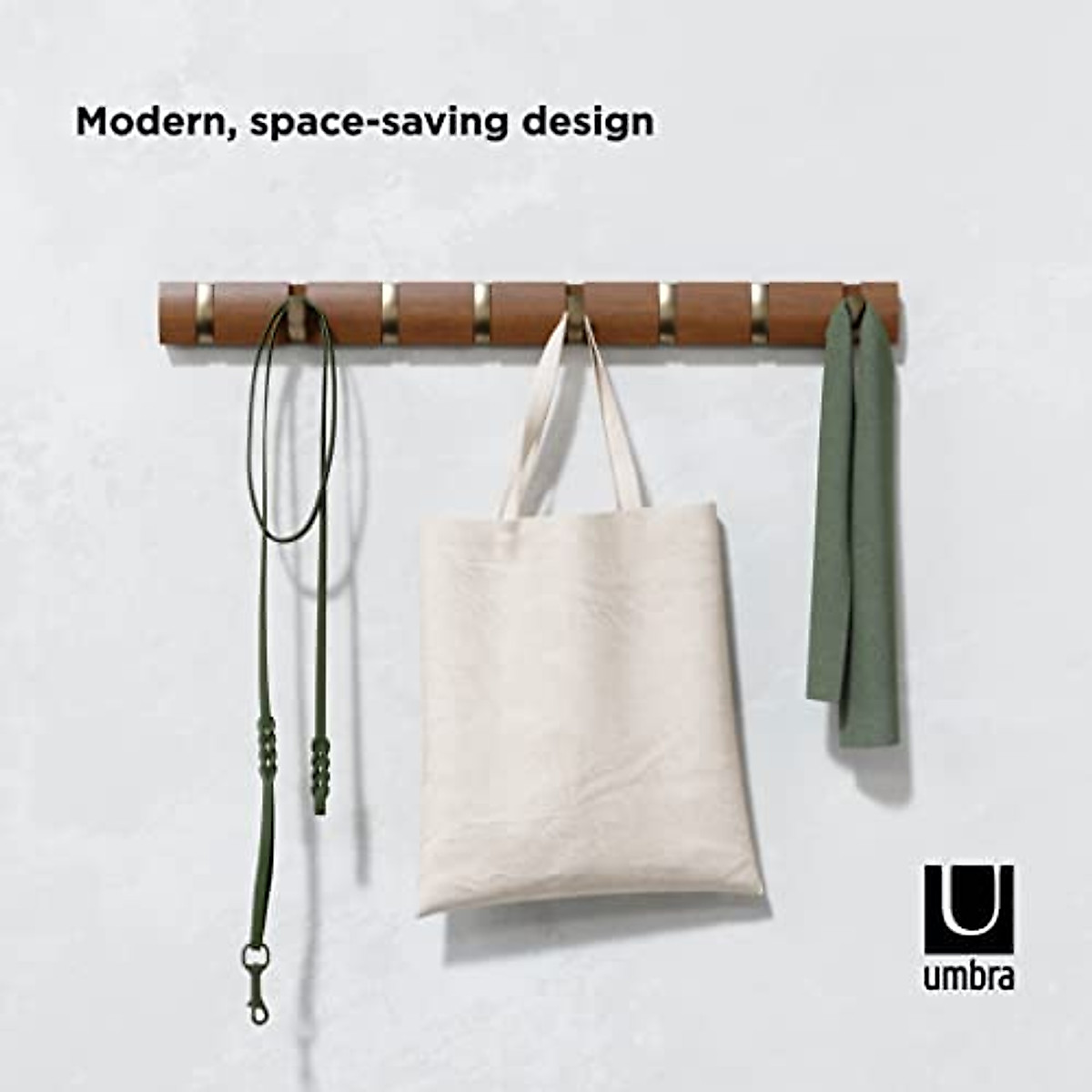 Umbra Flip Wall-Mounted Coat Rack Rail Hook for Hats, Jackets, Bags and More – Modern, Space-Saving Storage Organizer for Entryway, Mudroom, Closet, Bathroom, Bedroom, Kids Room, or Nursery, 8 Hooks, Light Walnut/Gold