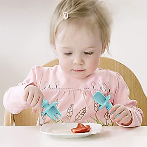 Baby Fork and Spoon Set, Silicone Self Feeding Utensil Easy Grip Toddler Cutlery Kit with Carry Case BPA-Free Anti-Choke for Infant Toddler Children First Led Training Weaning, 6-12 Month (Blue)