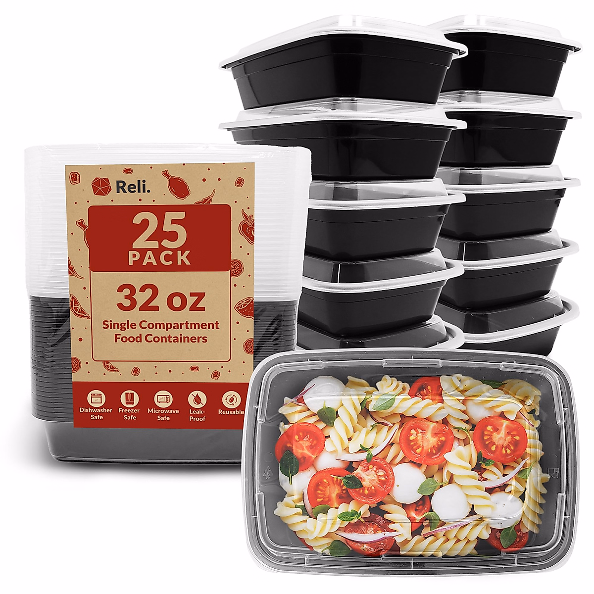 Reli. Meal Prep Containers 38 oz (25 Pack) 1 Compartment Meal Prep Containers Reusable, Microwave Safe | Plastic Togo Box for Food | Disposable Food Box with Lids for Takeout, Leftover