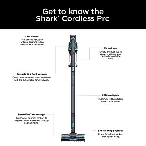 Shark IZ631H Cordless Pro Vacuum with PowerFins and Self-Cleaning Brushroll, Includes Upholstery Tool & Crevice Tool, Up To 60 Minute Runtime, HEPA Filtration, Cordless Vacuum, Dark Grey/Mojito