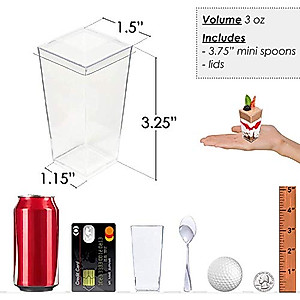 DLux 100 x 3 oz Mini Dessert Cups with Spoons and Lids, Square Tall - Clear Plastic Parfait Appetizer Cup - Small Reusable Serving Bowl for Party Desserts Appetizers - With Recipe Ebook
