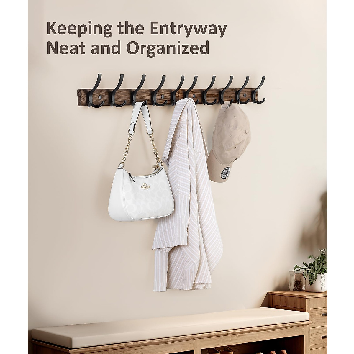 Optish Coat Rack Wall Mount for Entryway, Coat Hanger Wall Mount with 5 Black Tri-Hooks, Wooden Wall Coat Rack with Hooks for Coats, Hats, Towels, Umbrellas,2 Pack