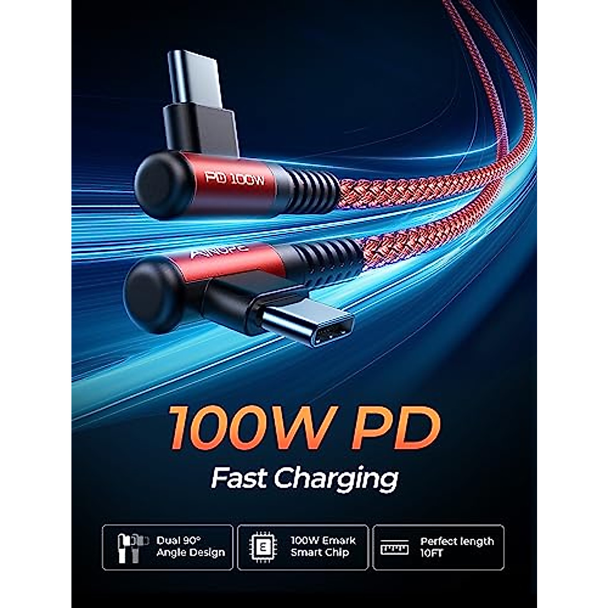 AINOPE USB C to USB C Cable 100W/5A, 10FT C to C Type Fast Charging Cable Dual 90° Angle, Nylon Braided USB C 90 Degree Cable Compatible with iPhone 15 Galaxy S22/21, iPad Pro/Mini, MacBook Air/Pro