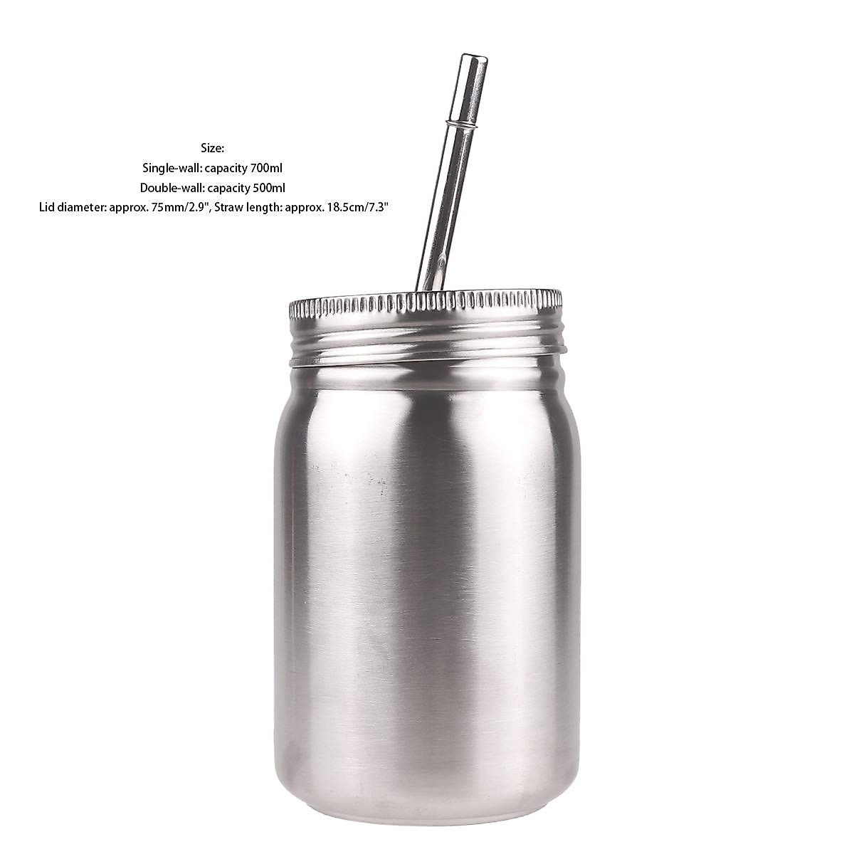 Freebily Stainless Steel Mason Jar Unbreakable Tumblers Single/Double Walled Dishwasher Safe Drinking Travel Mugs with Lids and Straws Silver Single Wall 700ml