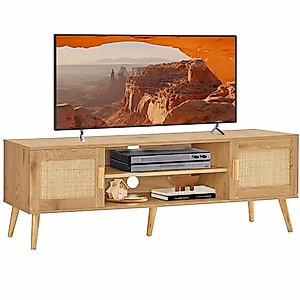 Iwell Boho Rattan TV Stand for 70 inch TV, Large TV Console, Entertainment Center with Adjustable Shelf and 2 Cabinets, Mid Century Modern TV Stands for Living Room, Bedroom, Natural
