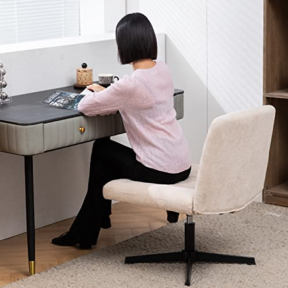 ESTRUCO Armless Wide Office Chair Fabric Padded Desk Chair No Wheels Task Vanity Chair Swivel Home Office Desk Chair 120°Rocking Mid Back Computer Chair for Make Up (Textile-Beige)