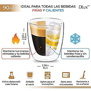 DLux Espresso Coffee Cups 3oz, Double Wall, Clear Glass Set of 2 Glasses, Insulated Borosilicate Glassware Tea Cup Mug