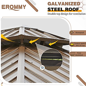 EROMMY 12'x18' Hardtop Gazebo,Galvanized Steel Double Roof Metal Gazebos with Curtain and Netting, Brown Permanent Pavilion Canopy with Aluminum Frame for Patios,Gardens,Lawns