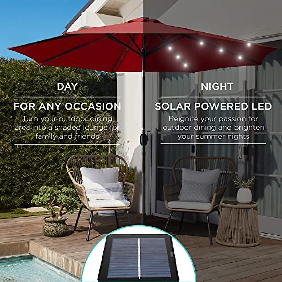 Best Choice Products 10ft Solar Powered Aluminum Polyester LED Lighted Patio Umbrella w/Tilt Adjustment and UV-Resistant Fabric - Red