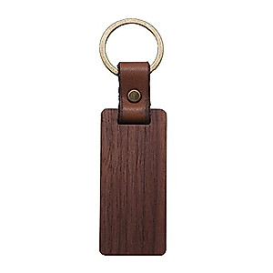 POVOKICI 10 Pack Blank Wood Keychain, Rectangle Walnut Keychains with Leather Strap, Personalized Key Tags for DIY Car Ornament Gift, Key Ring Gift Craft for Birthday, Engraving Gift