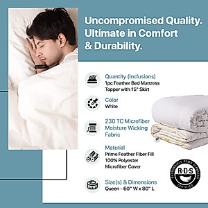 Simmons Feather Bed Queen Mattress Topper with 230TC Microfiber Shell - Skin Friendly Prime Feather Fiber Baffle Box Mattress Topper with 15” Skirt for Queen Size Bed - Plush Mattress Pad, 60”x80