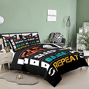 Bodhi Gaming Comforter Set Full,Gamer Bedding Sets for Boys Kids, Eat Sleep Game Repeat Design Comforter Set,3 Pieces Microfiber Game Bed Set (1 Gamer Comforter +2Pillowcases)