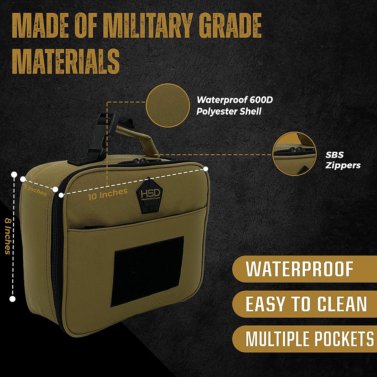 HSD Lunch Bag - 8mm Thick Foam Insulation, Water Resistant, Lunch Box, Buckle Handle, Outside Pocket for Snacks & Utensils, Inside Mesh Pocket, Easy Clean Lining (Coyote Brown)