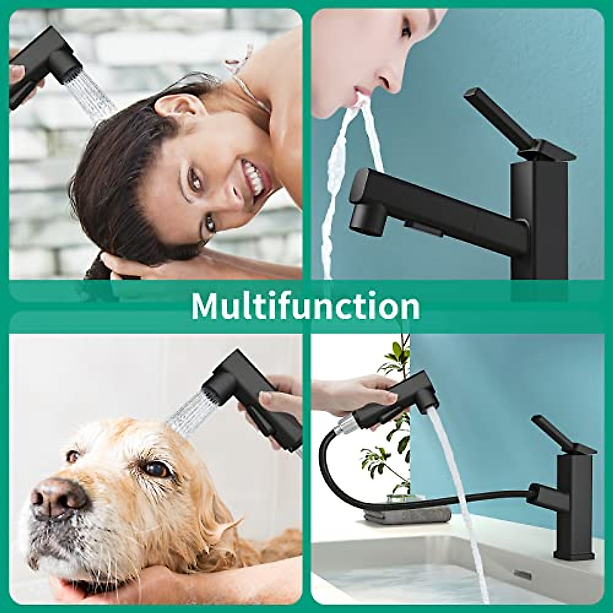 HEROBAI Single Hole Bathroom Faucet, Single Handle Modern Pull Out Bathroom Sink Faucet with 3 Water Flow Modes, Fountain Bathroom Faucets with Sprayer (Black, Regular)