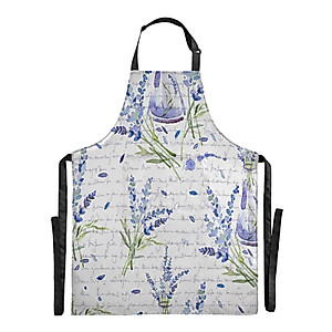 Kitchen Apron for Women Herbs and Lavender Apron With 2 Pockets, Adjustable Bib Cooking Chef Aprons for Men