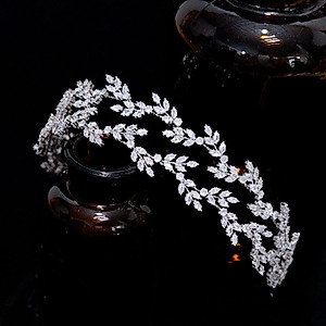 Jorsnovs Cubic Zirconia Double Layer Leaves Wedding Bride Headband Princess Bridal Zircon Tiaras Headwear for Women Prom Party Headpieces Hair Accessories