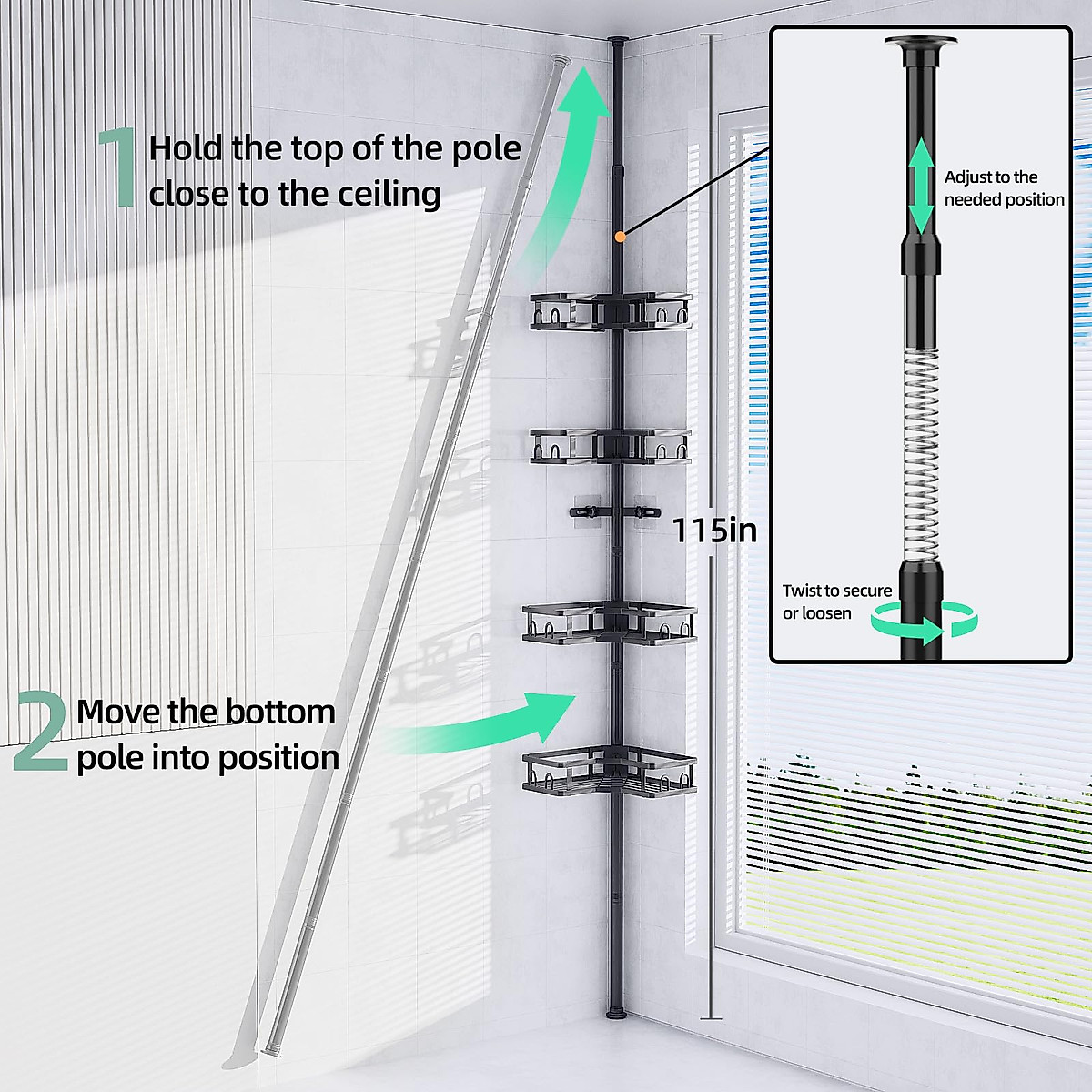 HEVEL Corner Shower Caddy Tension Pole, 4 Tier Adjustable Shower Organizer Corner 62-115 Inch, Rustproof Bathroom Corner Shower Shelves for Bathtub Storage