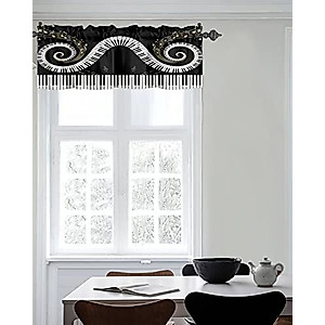 Curtain Valance for Windows Black White Piano Keys Gold Notes Kitchen Valances Rod Pocket Short Curtains,Music Instrumental Stave Swirl Window Treatment Panel for Living Room Bathroom Bedroom 42x12in