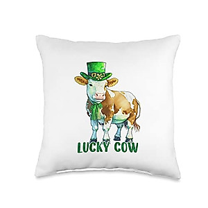St Patrick's Day Lucky Animals Lucky St. Patricks Day Cow with a Leprechaun Hat Throw Pillow, 16x16, Multicolor