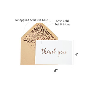 Thank You Cards - Blank 50 Pack White Cards with Rose Gold Foiled "Thank You" Printed with 52 Foil Embossed Kraft Envelopes 4" x 6" - for Wedding Bridal Shower Baby Shower Birthday Party