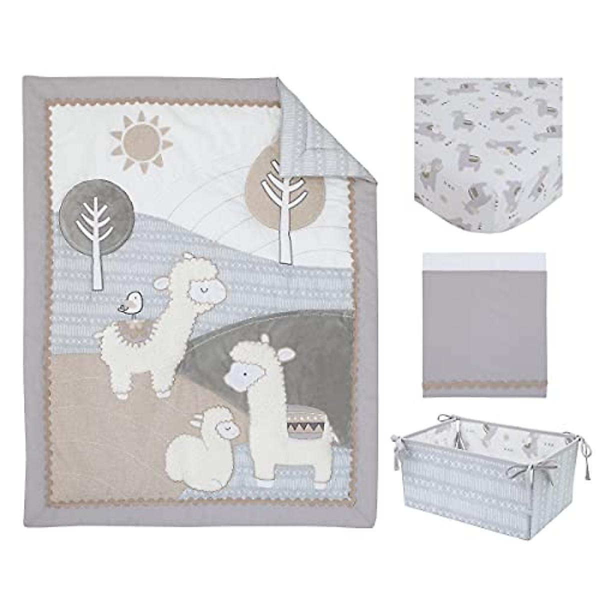 NoJo Mama's Little Llama Grey, White and Charcoal 4 Piece Nursery Crib Bedding Set - Comforter, Crib Sheet, Dust Ruffle and Nursery Organizer