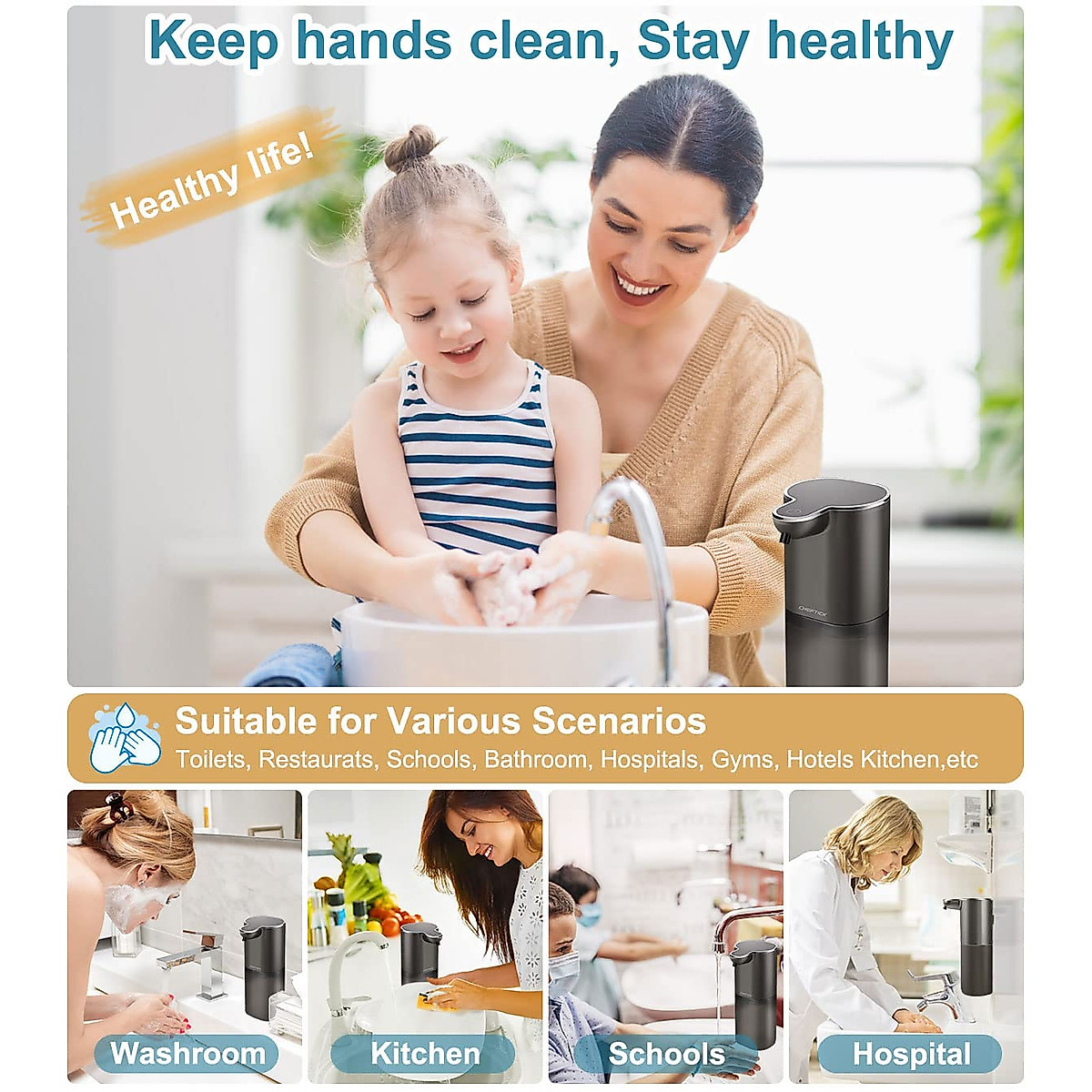 Cheftick Soap Dispenser, Automatic Foaming Soap Dispenser with 4 Adjustable Volume Control, Touchless Rechargeable Hands Free Auto Soap Dispenser for Kitchen, Bathroom, Hotel, Restaurant,13.5oz/ 400ml