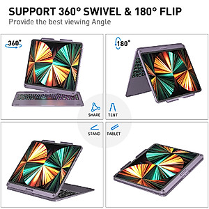 NOKBABO iPad Pro 12.9 inch Case with Keyboard, Rainbow Backlits, Pencil Holder, 360° Rotatable, Keyboard for iPad Pro 12.9 inch 6th/5th/4th/3rd Generation - Dark Purple