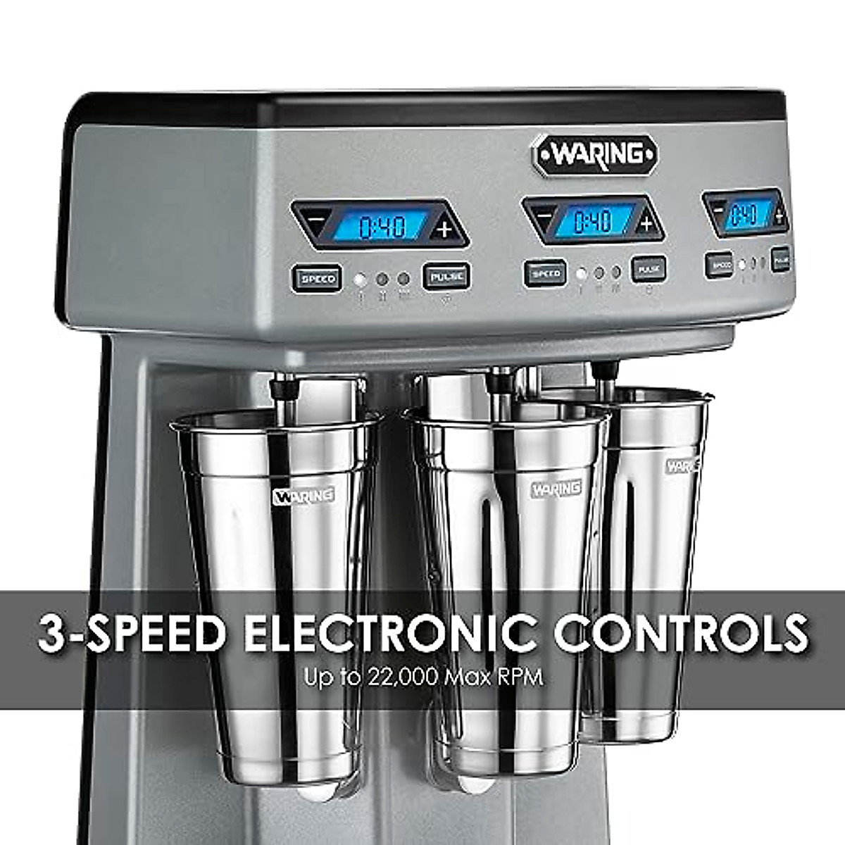 Waring Commercial WDM360TX Heavy-Duty Triple Spindle Drink Mixer, Each Spindle Has Independent 1hp Motor, with Countdown Timer, Digital Display, Automatic Start/Stop, 120V, 5-15 Phase Plug,Silver