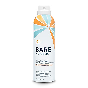 Bare Republic Mineral Sunscreen SPF 30 Sunblock Spray, Sheer and Non-Greasy Finish, Coconut Mango Scent, 6 Fl Oz