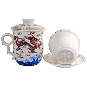 Ameolela Porcelain Tea Cup with Infuser Lid and Saucer Sets - Chinese Jingdezhen Ceramics Coffee Mug Teacup Loose Leaf Tea Brewing System for Home Office