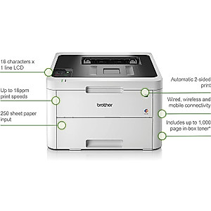 Brother Color HL-L3230CDW Compact Wireless Digital Laser Printer for Home Office, White - Print Only - 25 ppm, 2400 x 600 dpi, 8.3 x 13 Print Size, Auto Duplex Printing, 250 Sheet, Ethernet