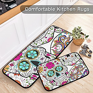 Emelivor Day Dead Sugar Skulls Kitchen Rugs and Mats Set 2 Piece Non Slip Washable Runner Rug Set of 2 for Kitchen Floor Home Decorative Laundry