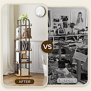 YATINEY Rotating Bookshelf, 5 Tier Spinning Bookcase Tower, 360 Display Narrow Bookshelf, Tall Industrial Corner Shelf Organizer, Storage Shelf Bookcase for Living Room, Rustic Brown and Black SJ02BR