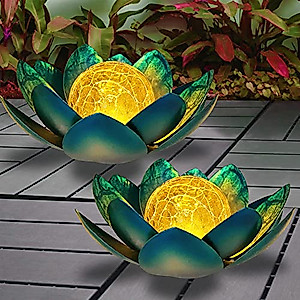 Montex 2 Pack Solar Lights Outdoor Garden Decor LED Crackle Globe Glass Metal Lotus Waterproof Metal Flower Lights for Patio,Lawn, Blue