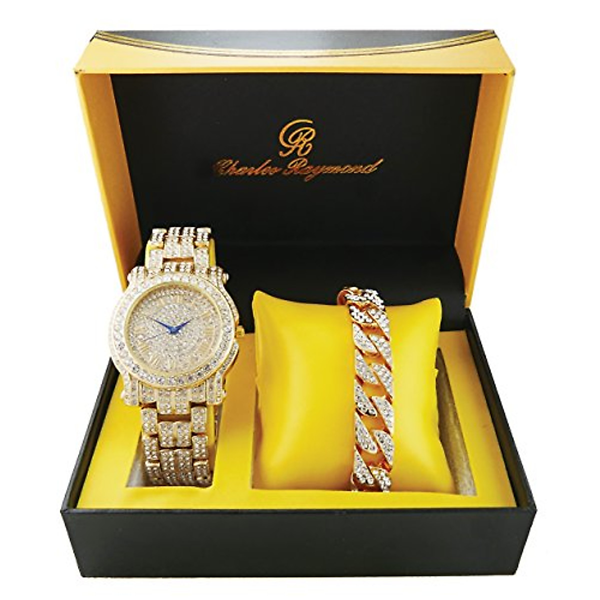 Charles Raymond Bling-ed Out Silver Round Luxury Mens Watch w/Bling-ed Out Cuban Bracelet - L0504B - Cuban (Gold)