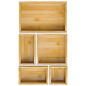 Bamboo Bathroom Drawer Organizer Dividers, Wooden Kitchen Utensil Holder Set of 5, Stackable Junk Drawer Organizer Tray, Multi-Use Storage Bins Boxs for Home, Office, Clothing, Makeup, Jewelry