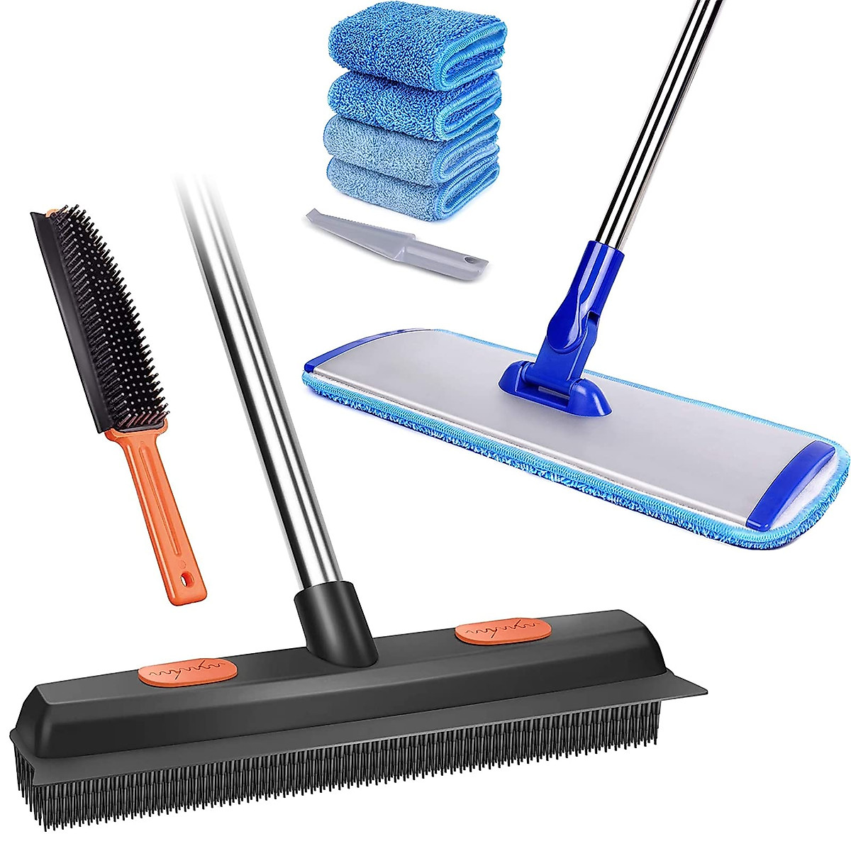 Conliwell Rubber Broom Carpet Rake for Pet Hair, Fur Remover Broom with Squeegee and 18" Professional Microfiber Mop Floor Cleaning System