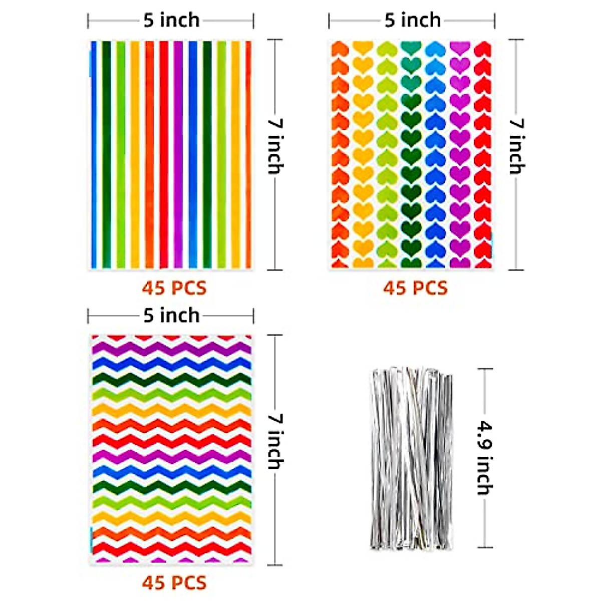 Labeol 135pcs Cellophane Bags 5X7 Rainbow Christmas Treat Bags with Ties Goodie Bags Clear Gift Bags Candy Bags Cookie Bags Favor Bags Clear Plastic Bags for Packaging Baby Shower
