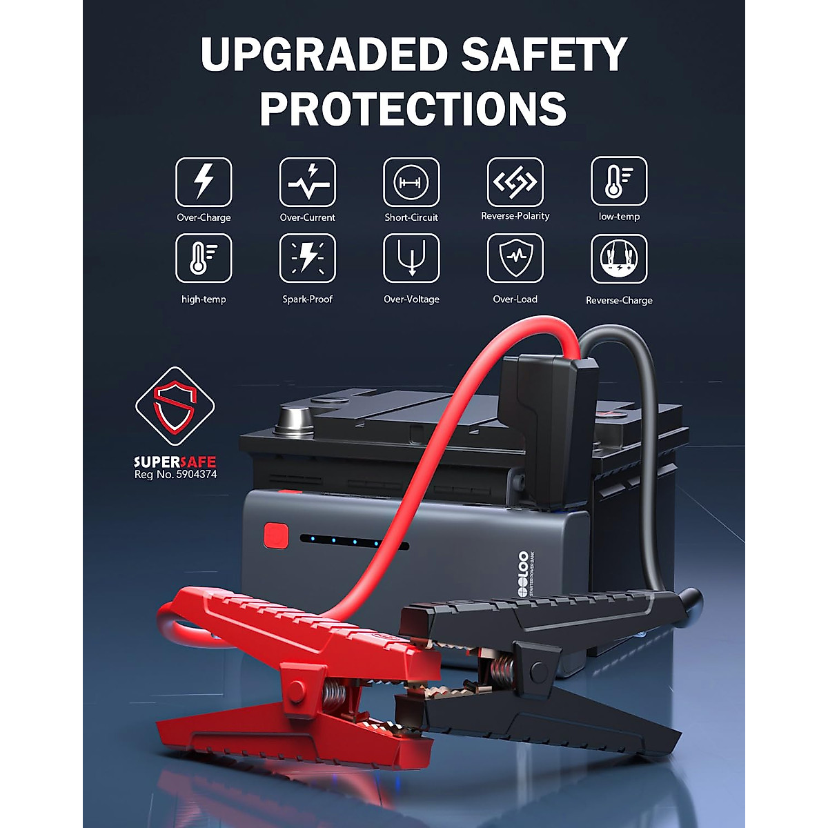 GOOLOO Jump Starter Battery Pack 2000A Peak SuperSafe Car Starter (Up to 8.0L Gas or 6.0L Diesel Engine) with USB Quick Charge and LED Light,12V Lithium Jump Box Booster Portable Charger,Gray